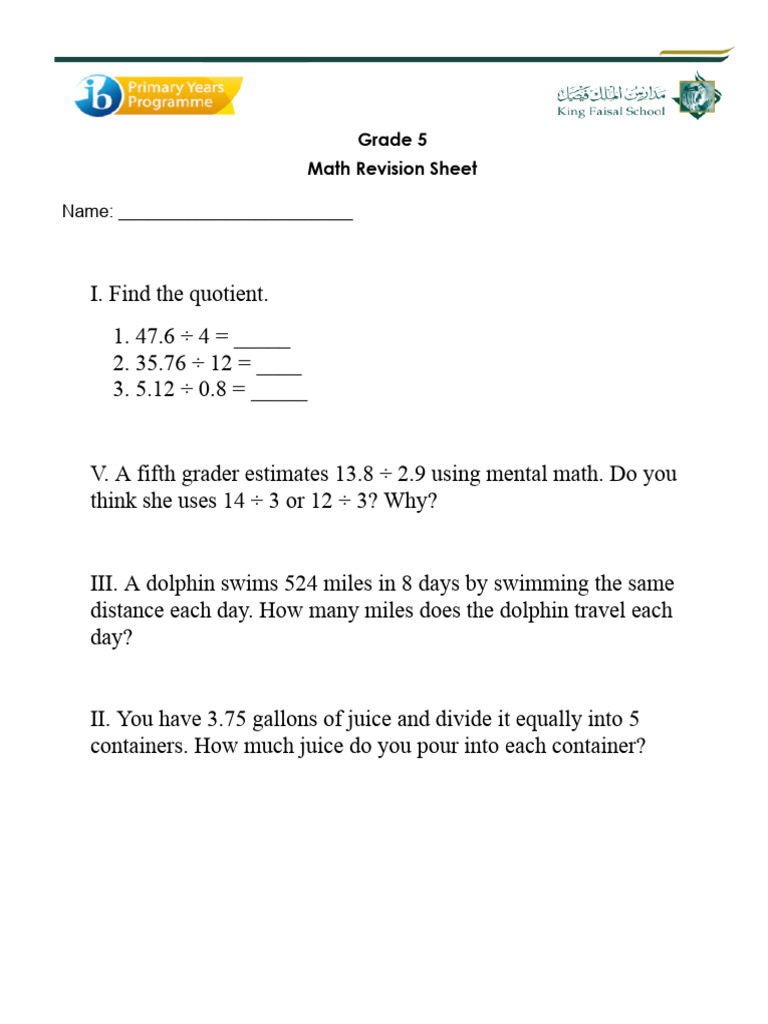 Grade 5 Math Revision Worksheet Pdf Units Of Measurement Teaching