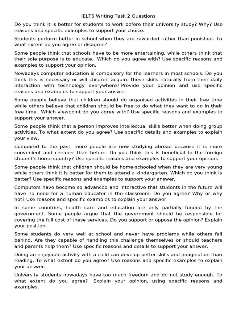 A List of IELTS Writing Task 2 Questions | PDF
