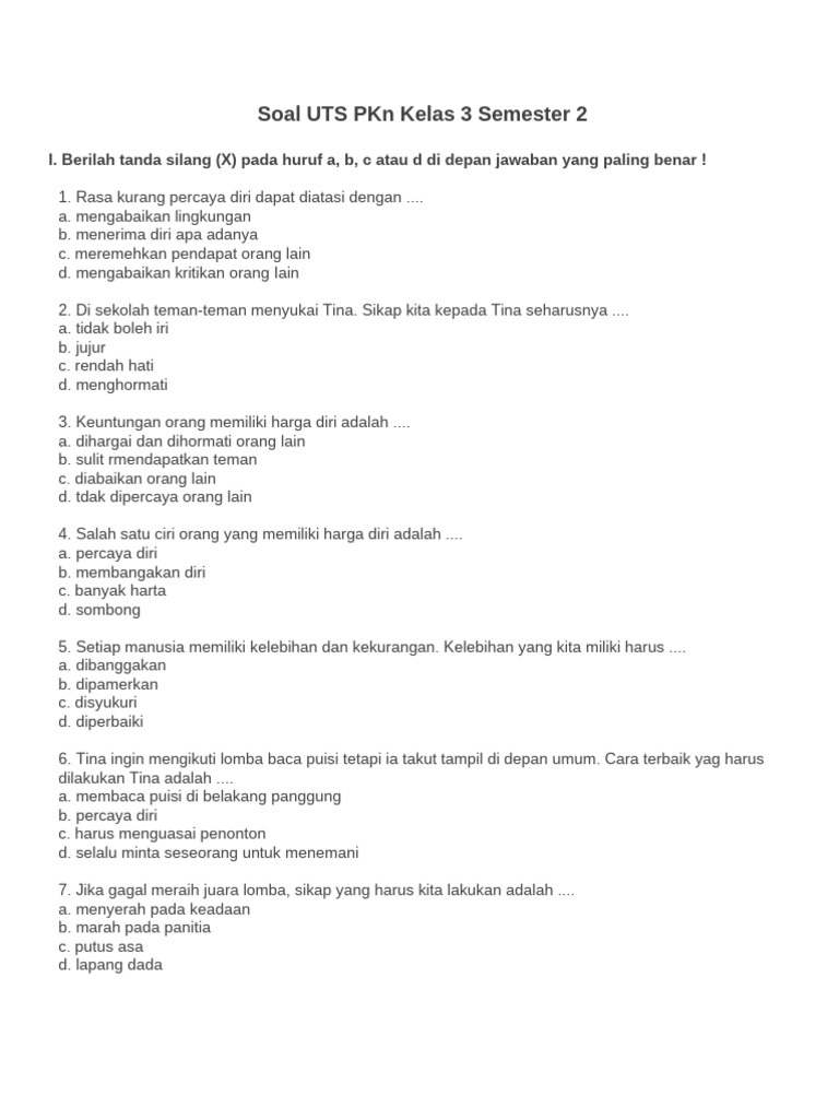 Soal UTS PKN Kelas 3 Semester 2 | PDF