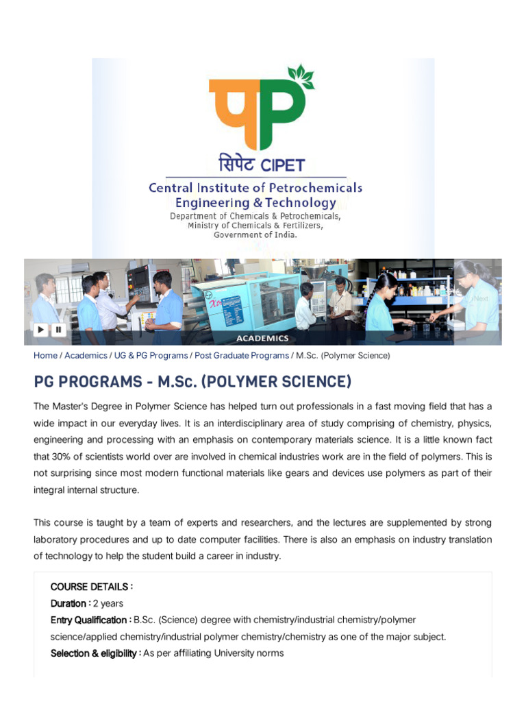 PG Programs - M.Sc. (Polymer Science) | PDF | Physical Sciences | Science