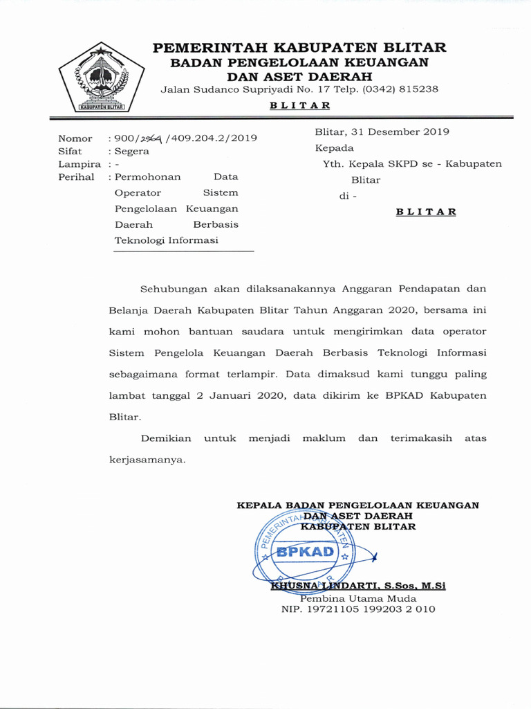 Permintaan Data Operator SIMDA | PDF