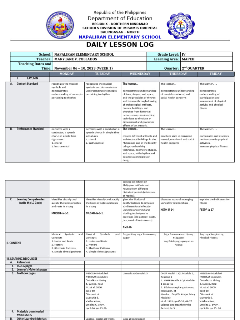DLL Mapeh Iv Yenyen Q1 - W5 | PDF