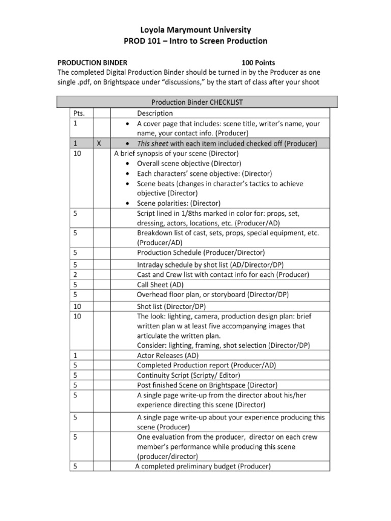 Binder Checklist - Prod 101 Binder | PDF