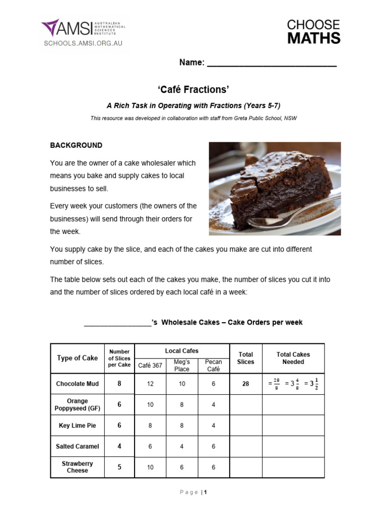 Café Fractions: A Rich Task for Students | PDF | Cakes | Western Cuisine