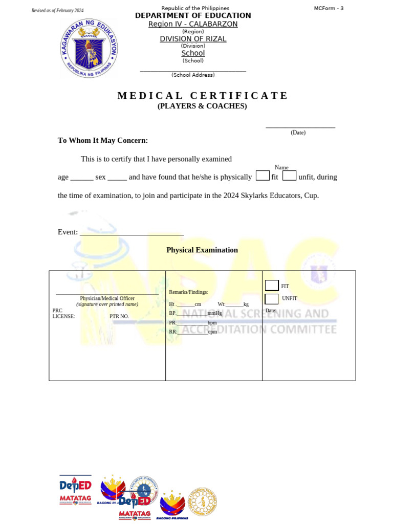 2024 Skylars Educators Cup - Medical Cert | PDF