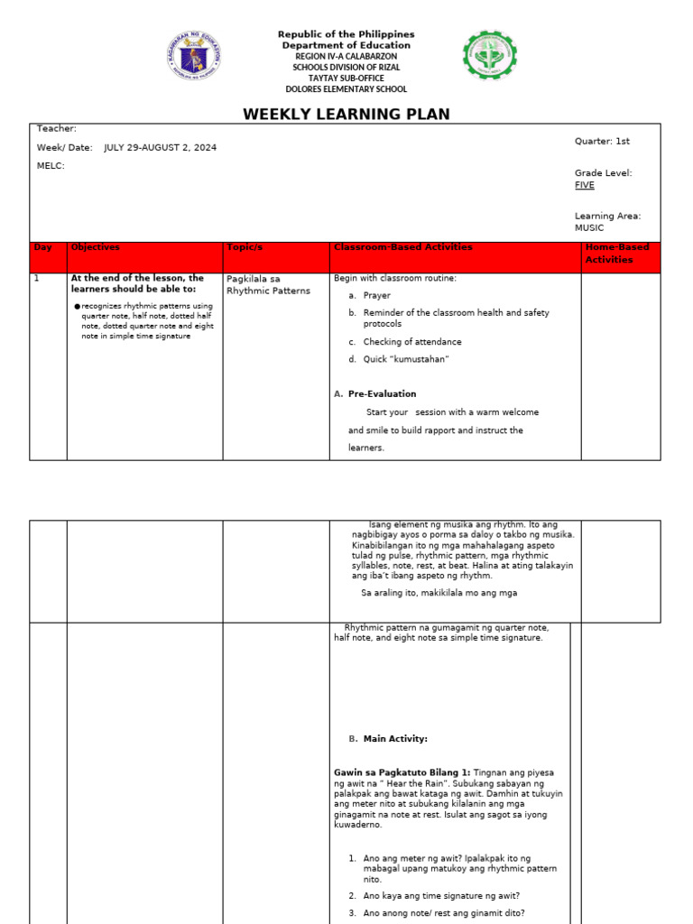 Weekly - Learning - Plan - MUSIC-W1 | PDF