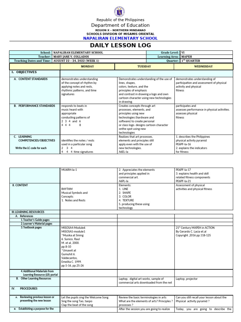 DLL Mapeh 6 Yenyen Q1 - W1 | PDF