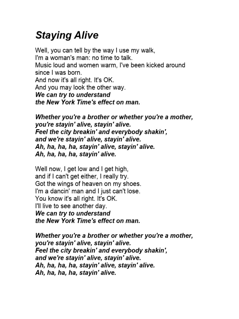 Staying Alive Lyrics | PDF | Art