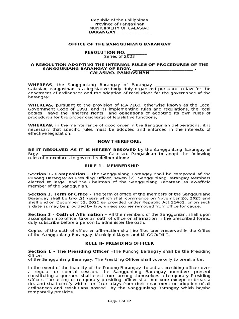 Sangguniang Barangay Internal Rules of Procedure 2023 2025 | PDF