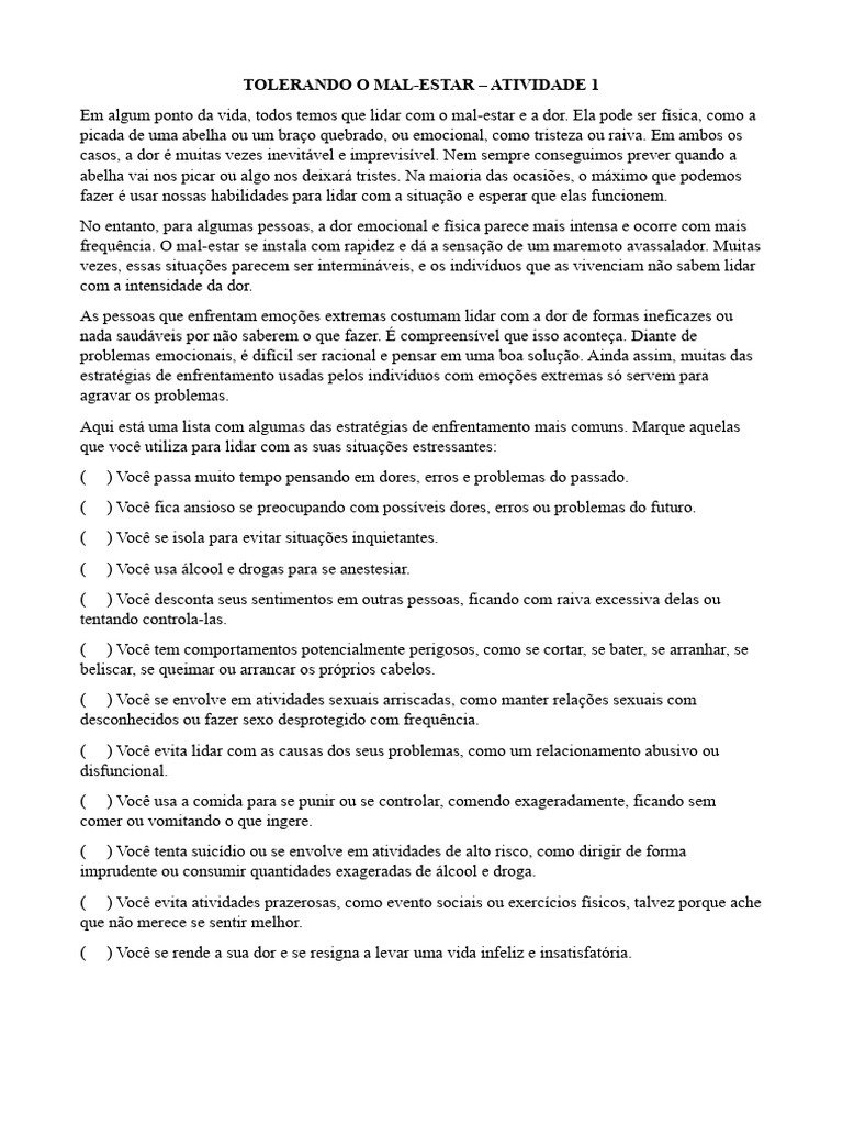 Ativ. Regulação Emocional - Tolerancia ao Mal-estar 1 | PDF