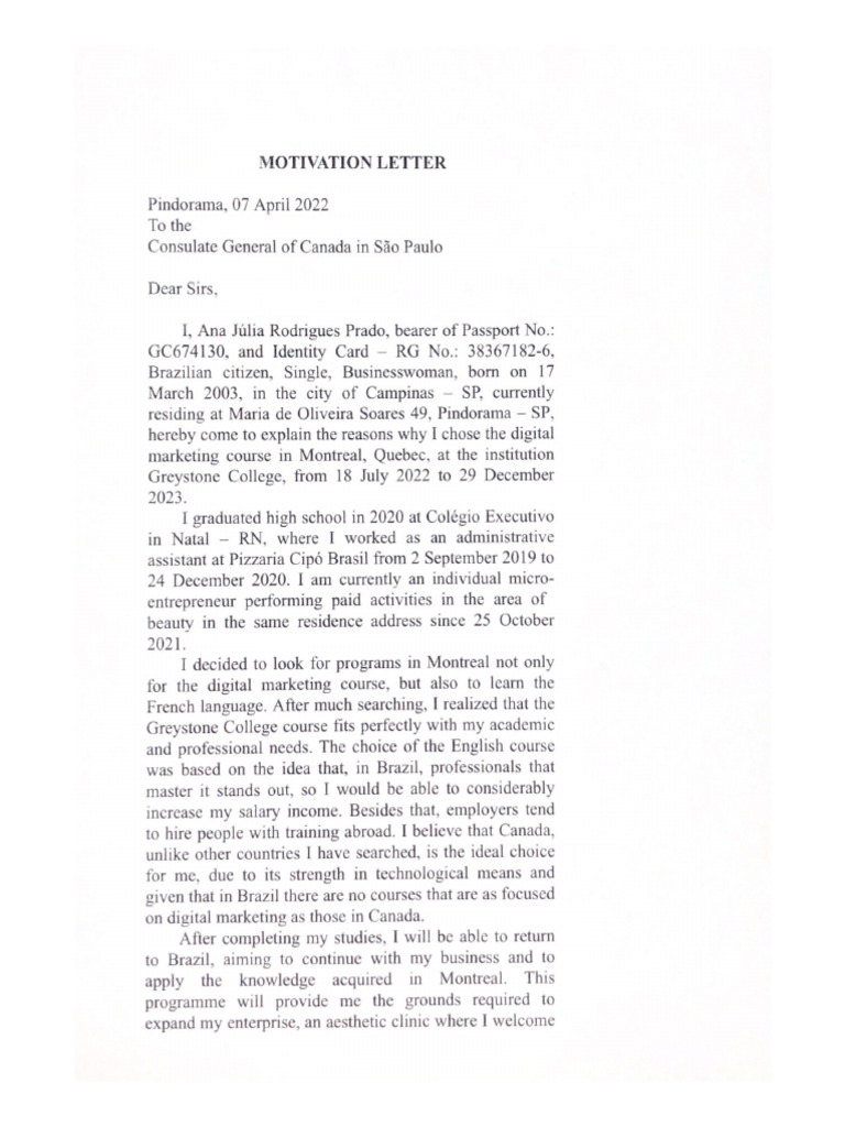 Motivation Letter Ana Julia | PDF
