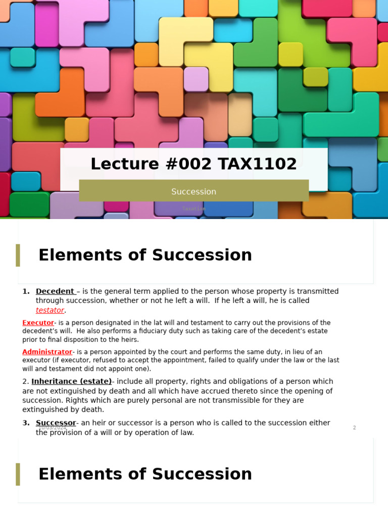 Lecture#002 TAX1102+Succession+and+Transfer+Taxes | PDF