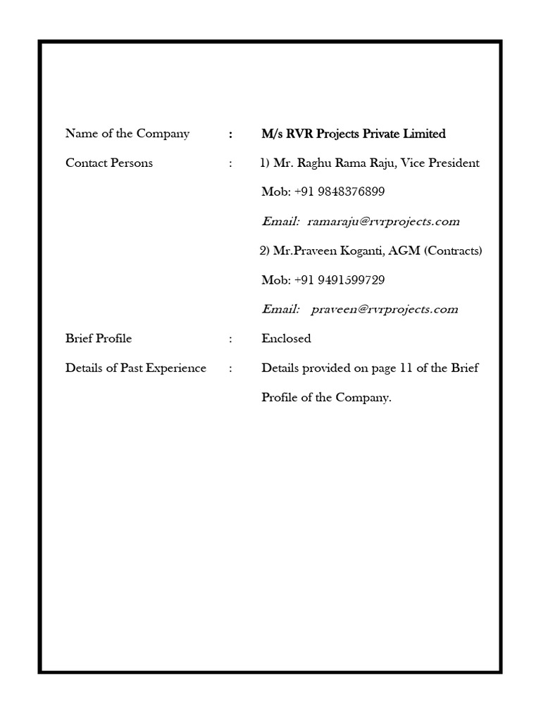 Brief Profile of RVR Projects Private Limited | PDF