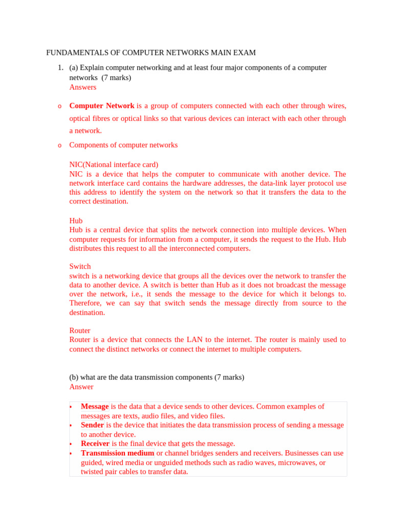 FUNDAMENTALS OF COMPUTER NETWORKS MAIN EXAM Marking Scheme | PDF