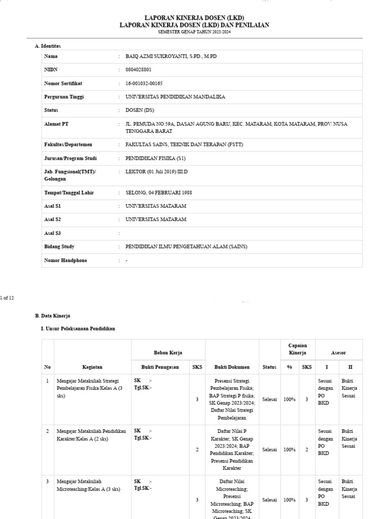 Laporan Kinerja Dosen (LKD) Laporan Kinerja Dosen (LKD) Dan Penilaian | PDF
