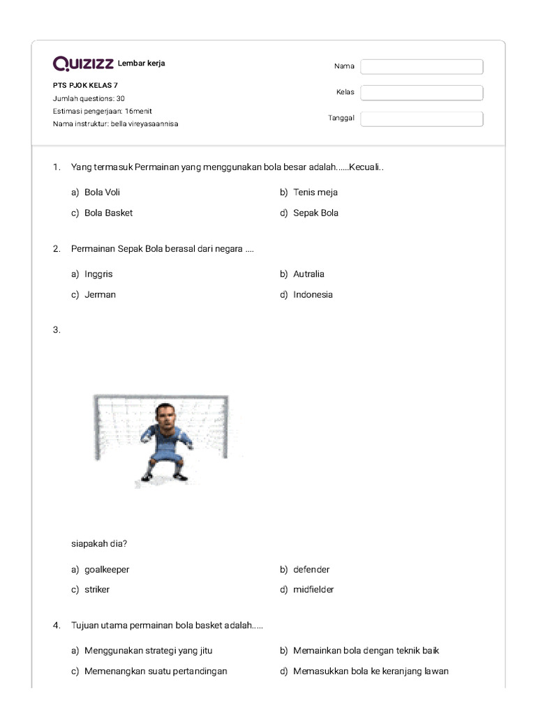 Pts Pjok Kelas 7 _ Quizizz | PDF