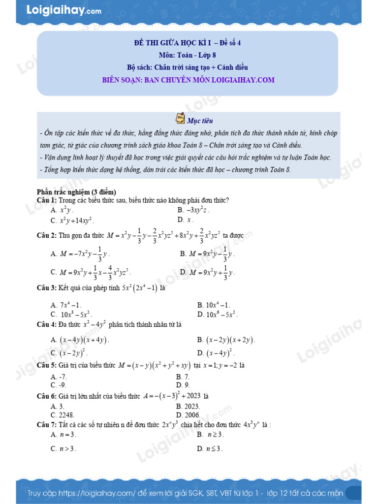 De Kiem Tra Giua Hoc Ki 1 Toan 8 de So 4 Chan Troi Sang Tao 1721269385 | PDF