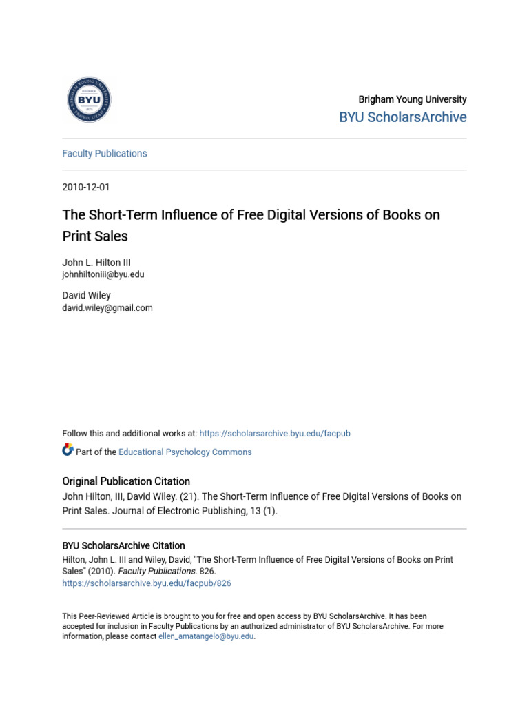 The Short-Term Influence of Free Digital Versions of Books On Pri | PDF