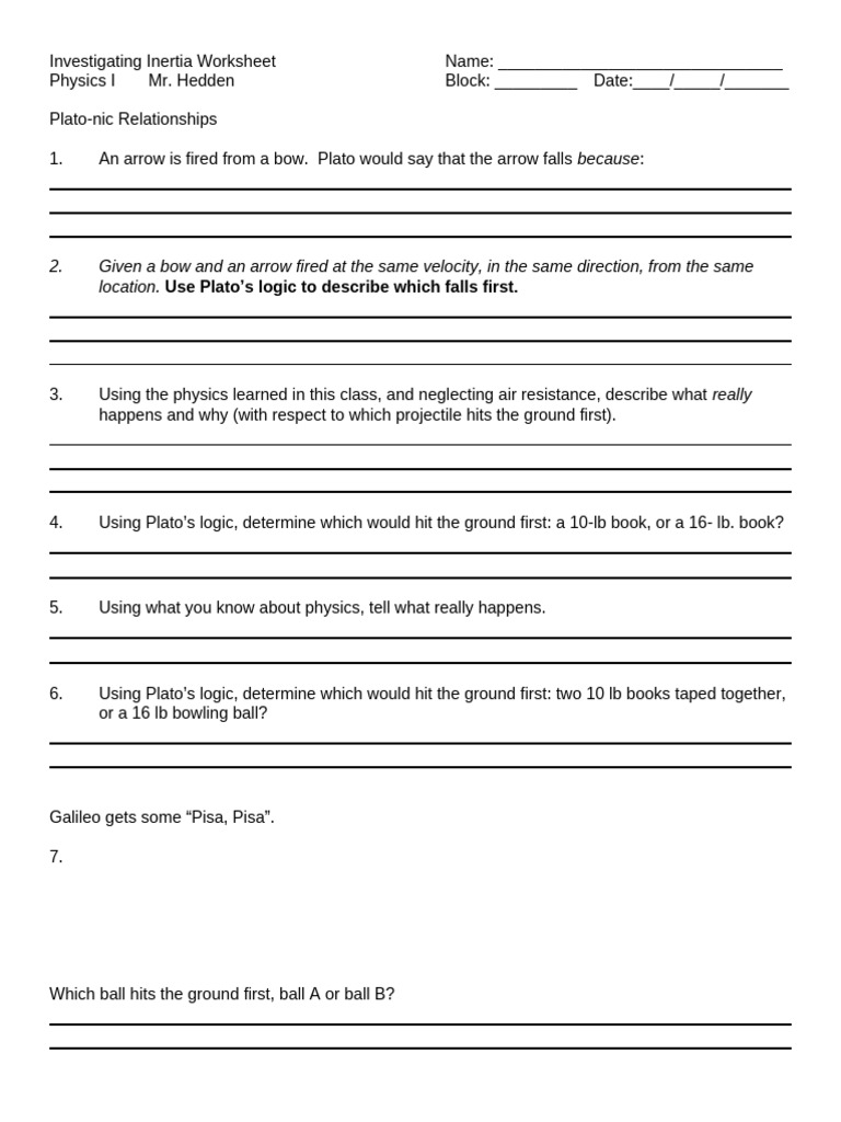 Investigating Inertia Worksheet | PDF | Mass | Young Adult