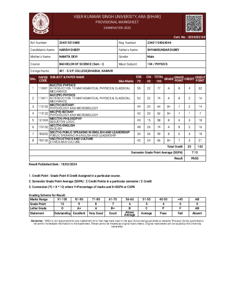 b.sc Sem 1marksheet | PDF