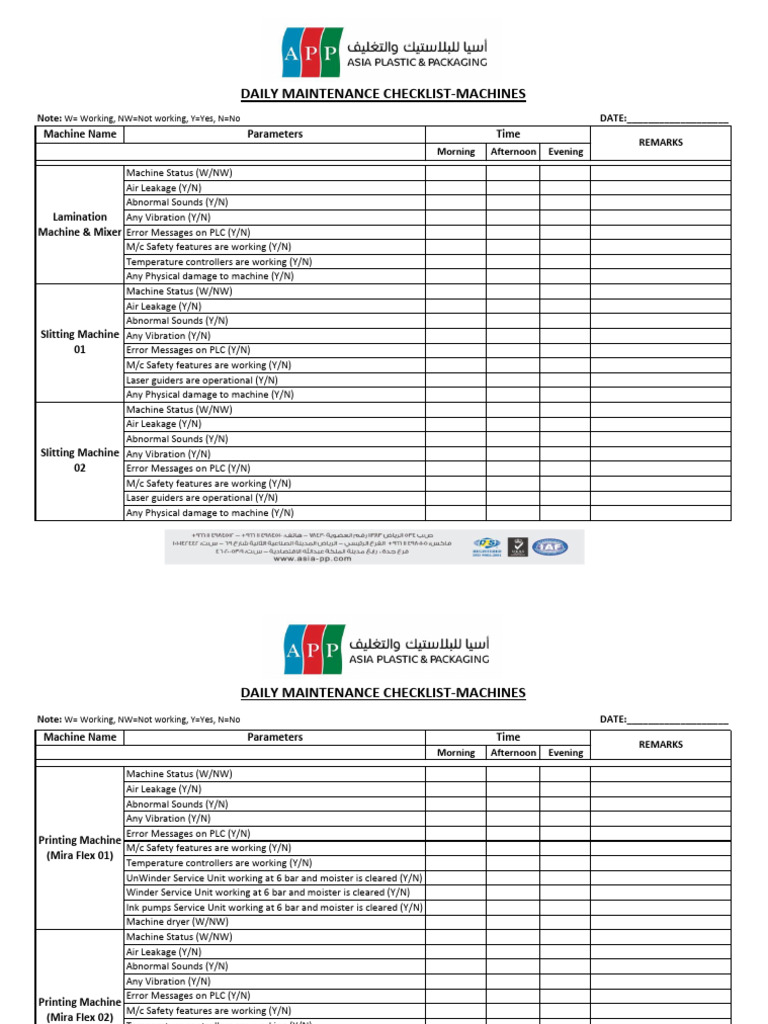 Machines-Daily Maintenance Checklist | PDF