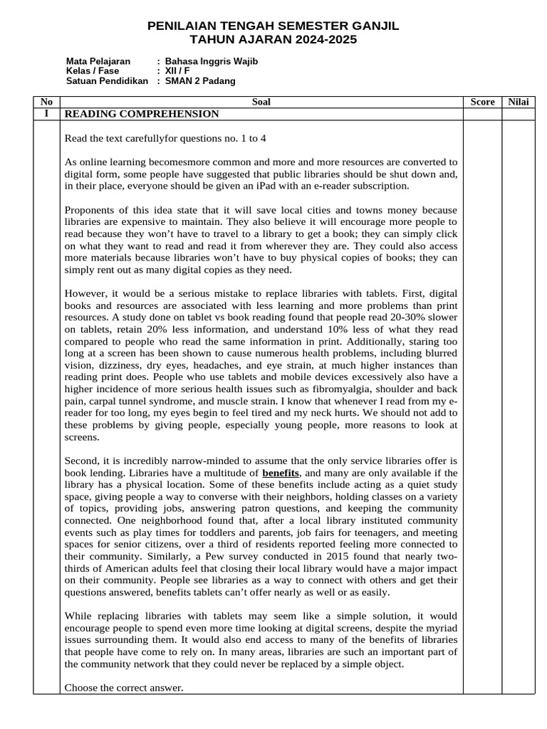 Kunci Uts Bing Ganjil Xii F 2425 | PDF