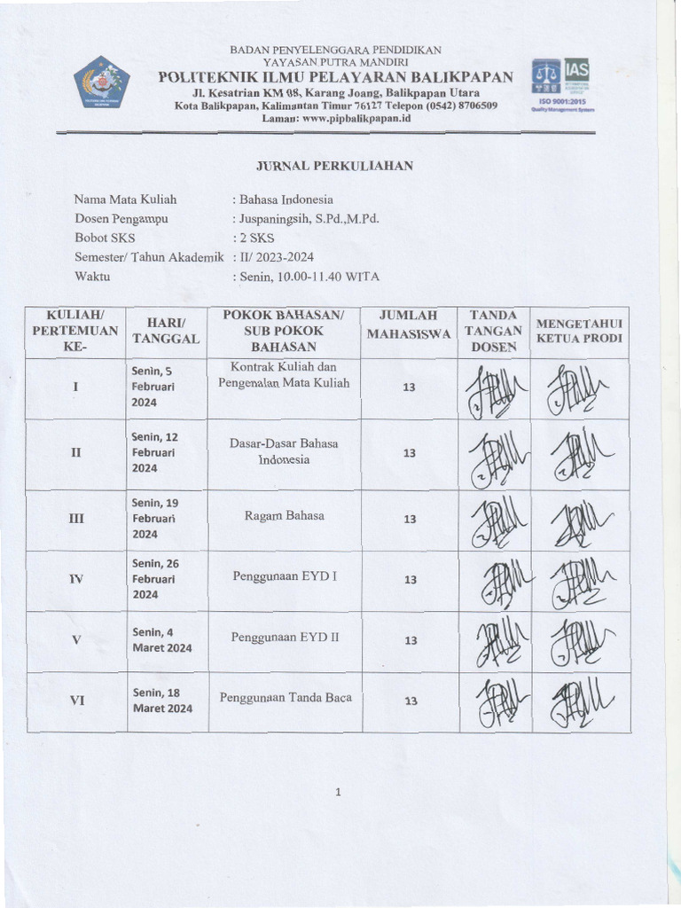 Jurnal Perkuliahan B Indonesia SMT II 2023-2024 | PDF