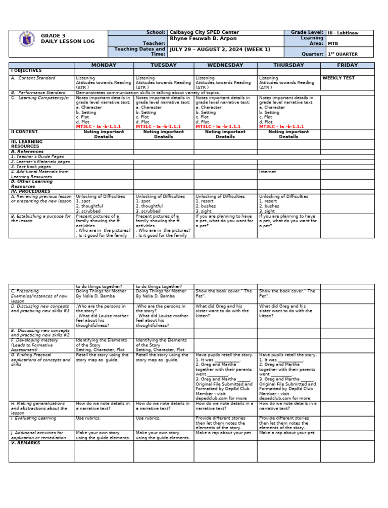 DLL - MTB 3 - Q1 - W1 | PDF