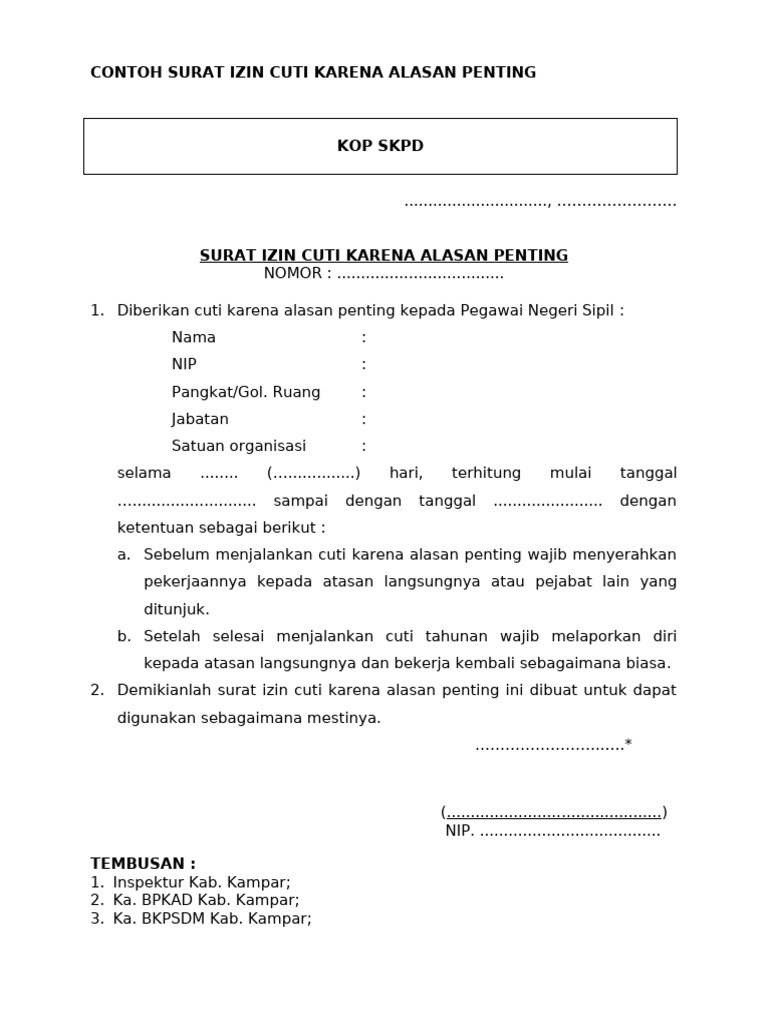 Contoh Surat Izin Cuti Karena Alasan Penting | PDF