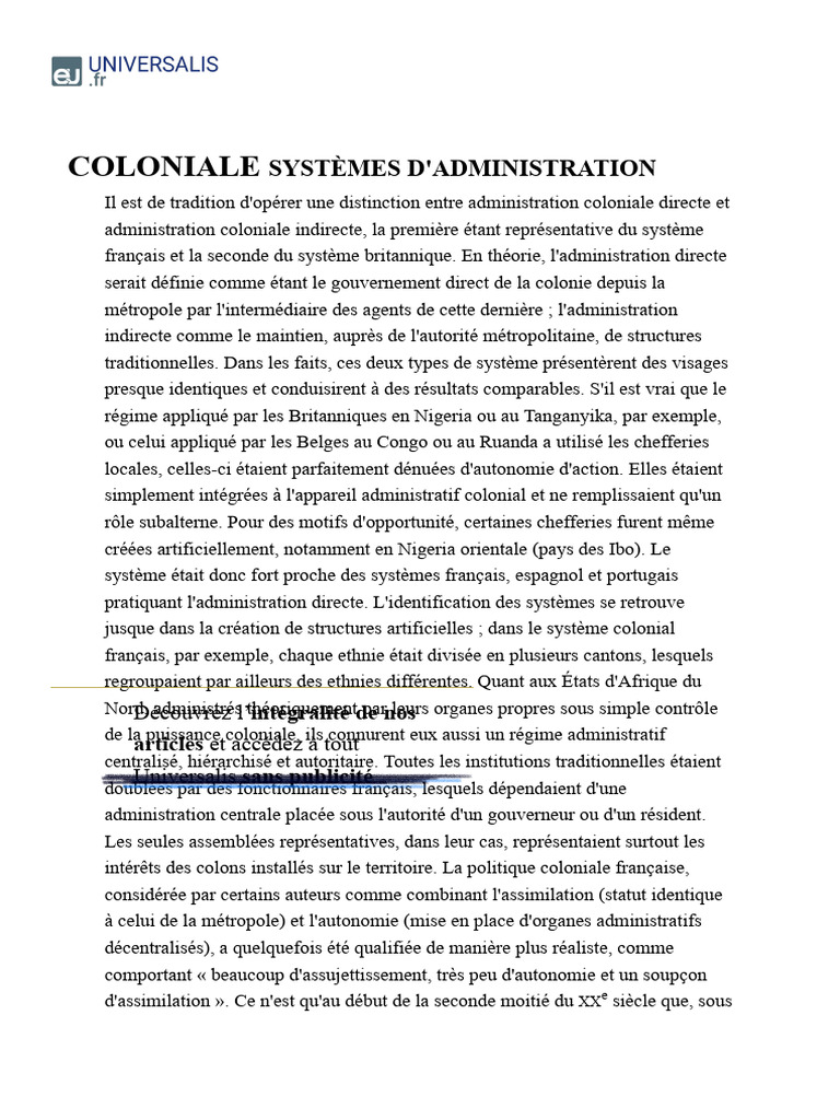 SYSTÈMES D'ADMINISTRATION COLONIALE - Encyclopædia Universalis | PDF
