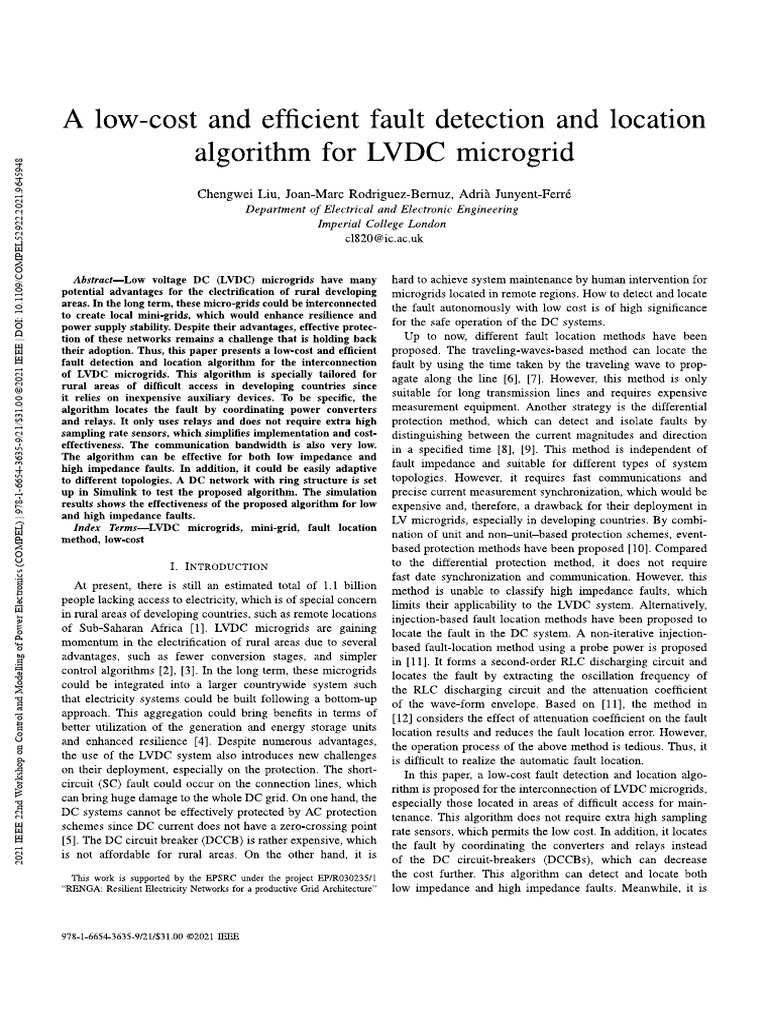 A Low-Cost and Efficient Fault Detection and Location Algorithm For LVDC Microgrid | PDF