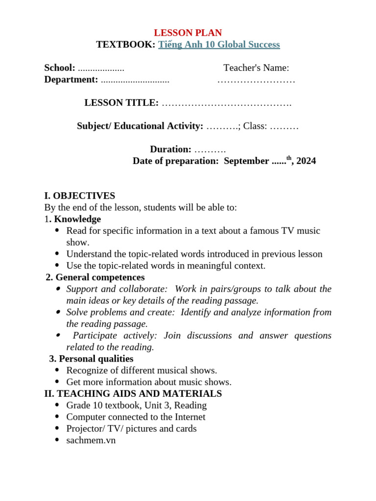 Lesson Plan Unit 3 | PDF