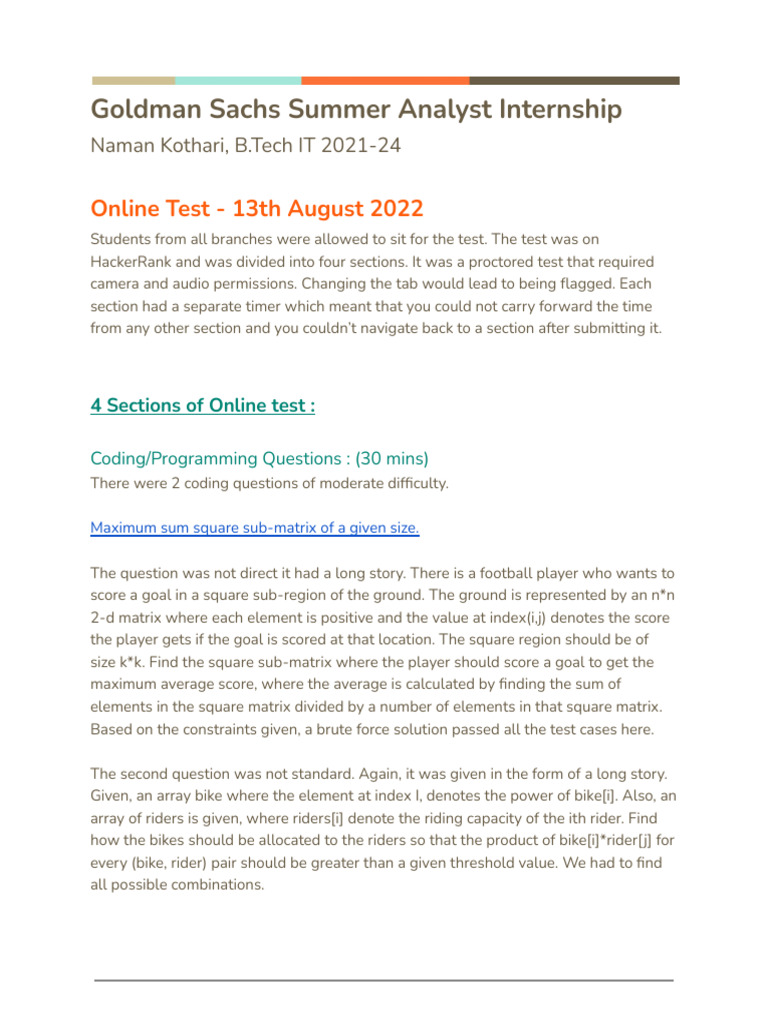 Naman - Kothari - Goldman Sachs Internship Interview Experience | PDF