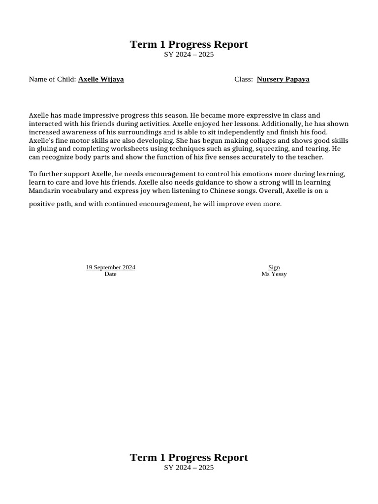 Nursery - Term 1 Progress Report | PDF