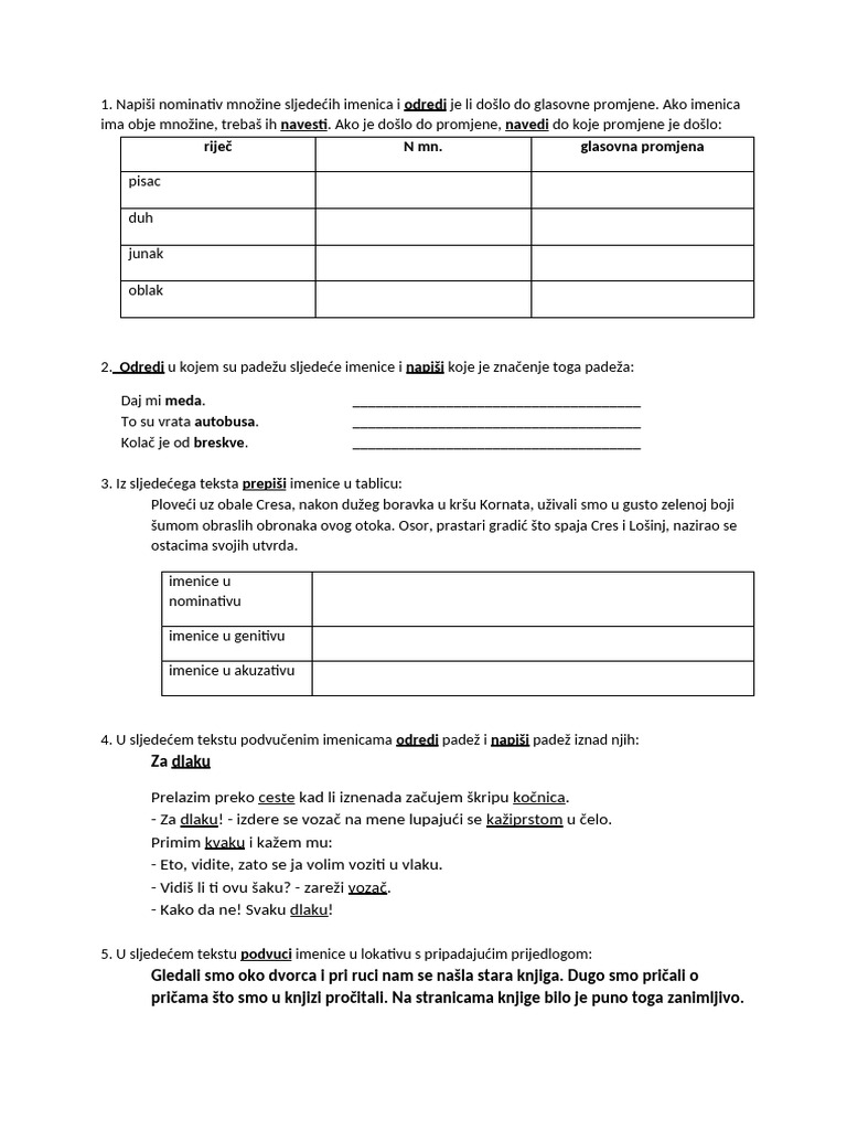 6.razred Vjezba Padezi | PDF