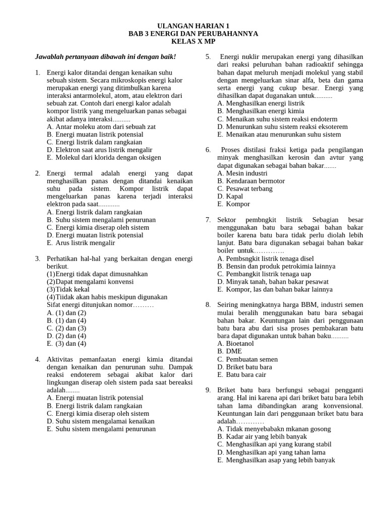ULANGAN HARIAN Bab 3 Energi Dan Perubahannya | PDF
