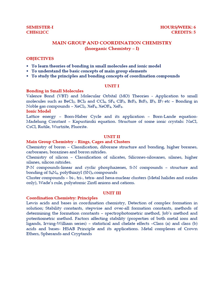 Inorganic Chemistry Syllabus | PDF | Coordination Complex | Chemistry