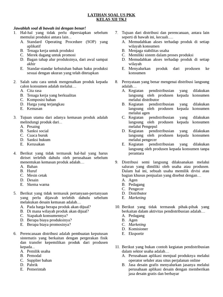 Latihan Soal Us PKK Kelas 12 | PDF