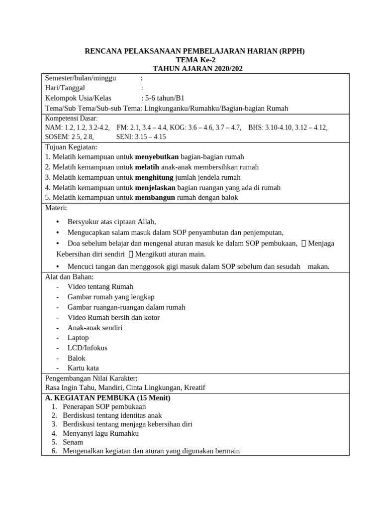 4.rabu - Contoh RPPH Tema Lingkunganku Subtema Rumahku - Rumah - 2 | PDF