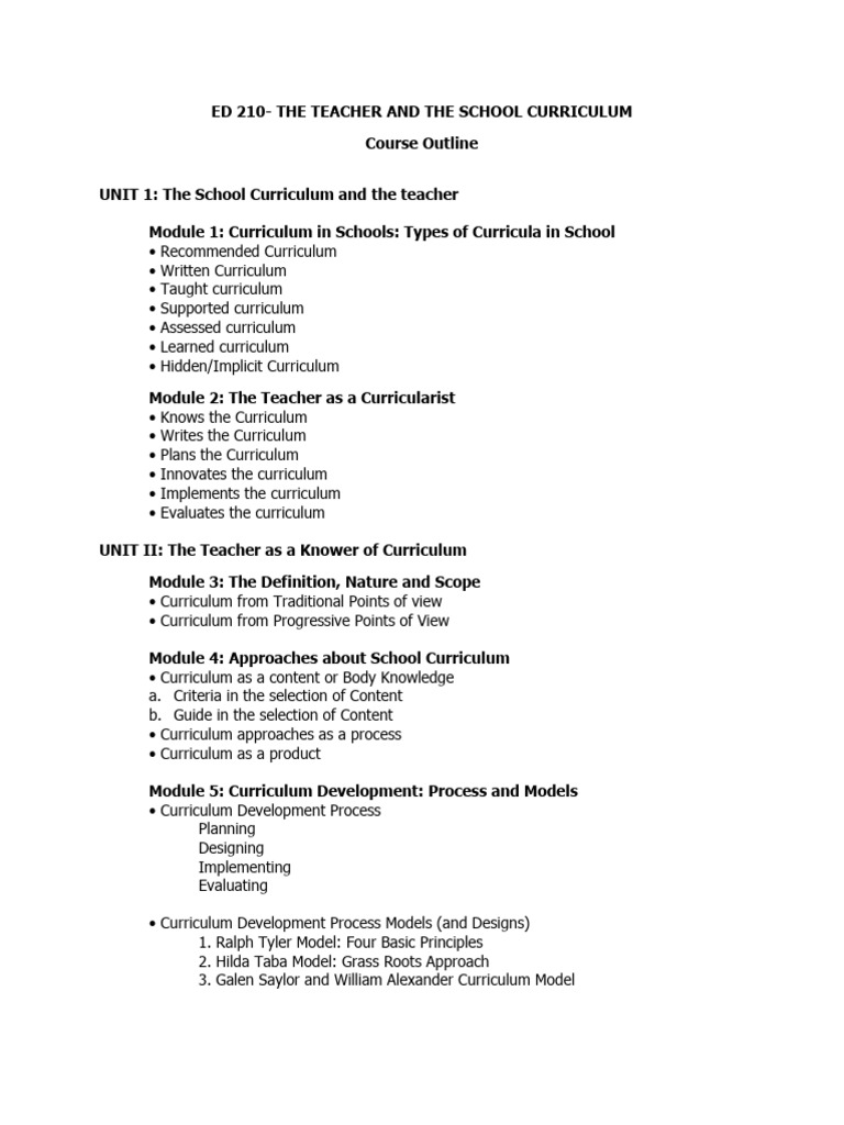 The Teacher and The School Curriculum Course Outline | PDF