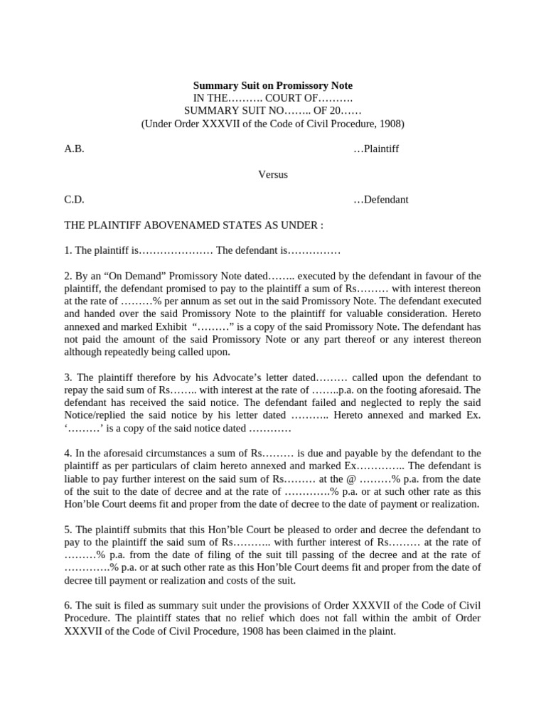 Summary Suit On Promissory Note | PDF