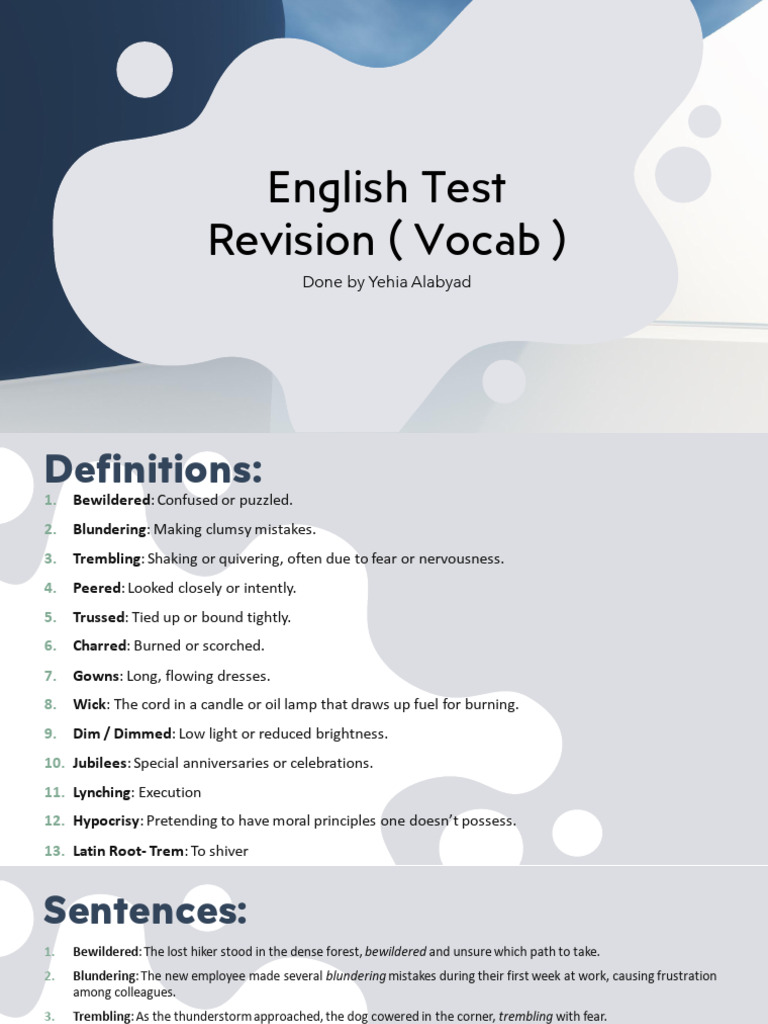 English Test Revision (Vocab) : Done by Yehia Alabyad | PDF