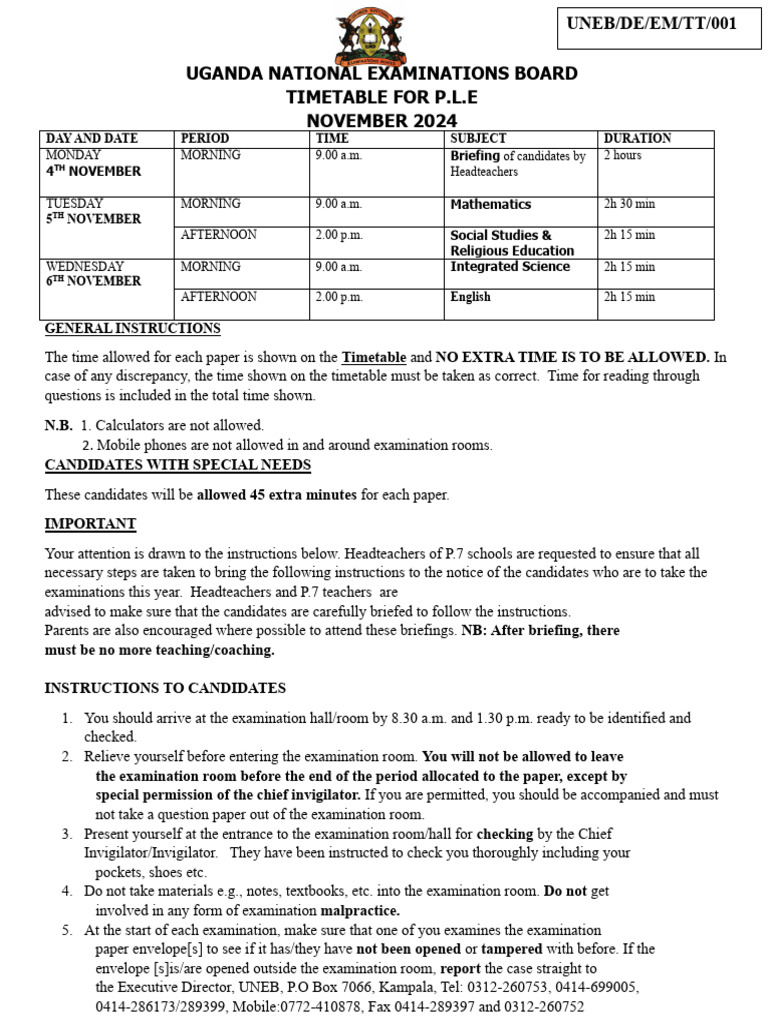 Uneb Timetable 2024 | PDF