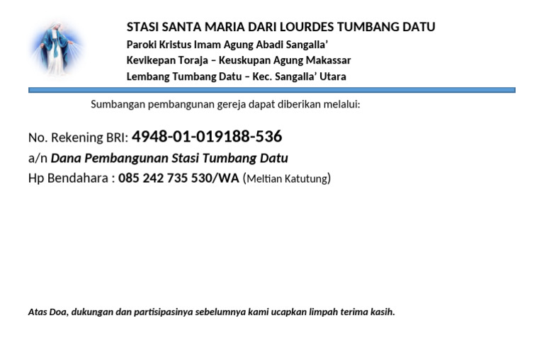 Stasi Santa Maria Dari Lourdes Tumbang Datu | PDF