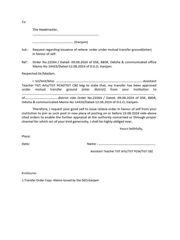 Transfer Relieve & Joining Formats For Assistant Teachers of Ganjam 2024 by JK Maharana | PDF