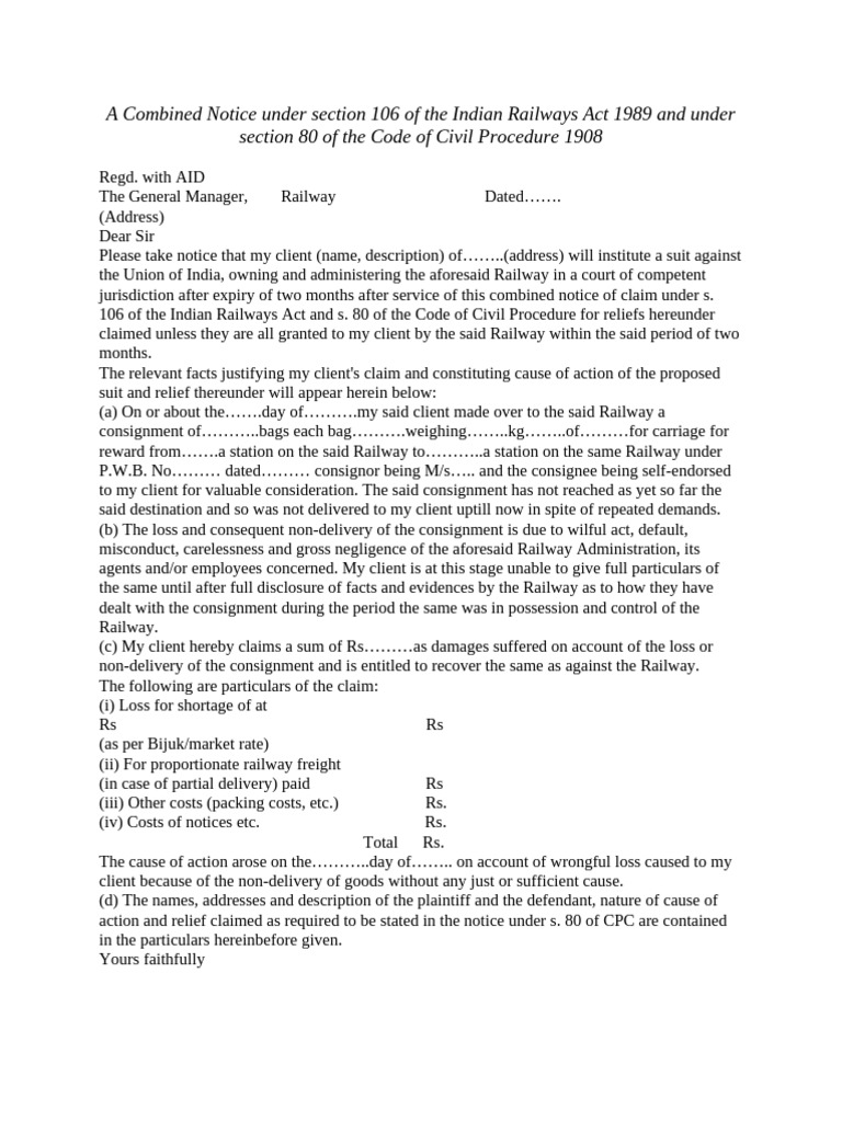 Railway Claim Notice | PDF | Common Law | Judiciaries