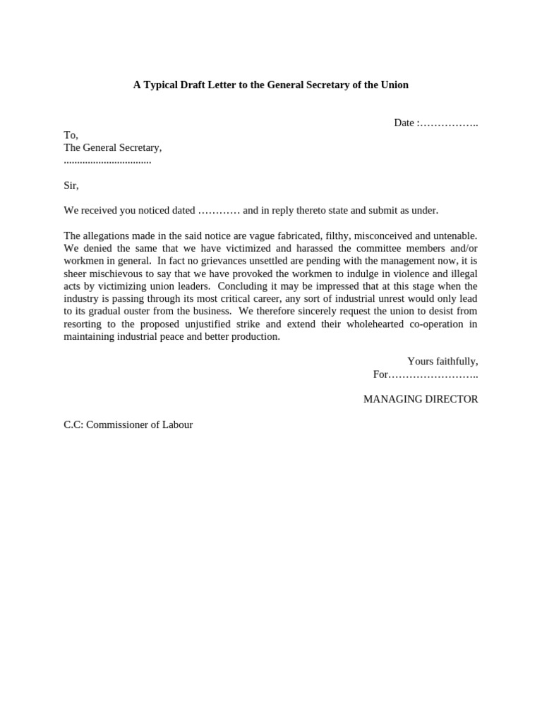 A Typical Draft Letter To The General Secretary of The Union | PDF