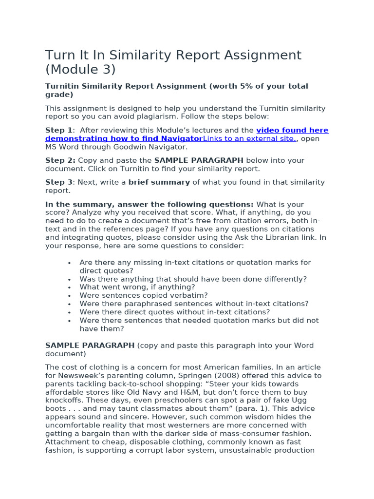 Turn It in Similarity Report Assignment | PDF