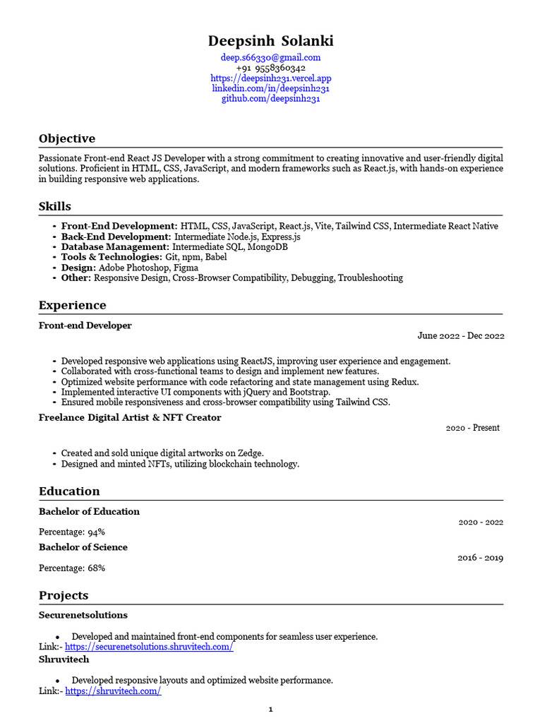 Deepsinh Resume | PDF | Java Script | Software Development