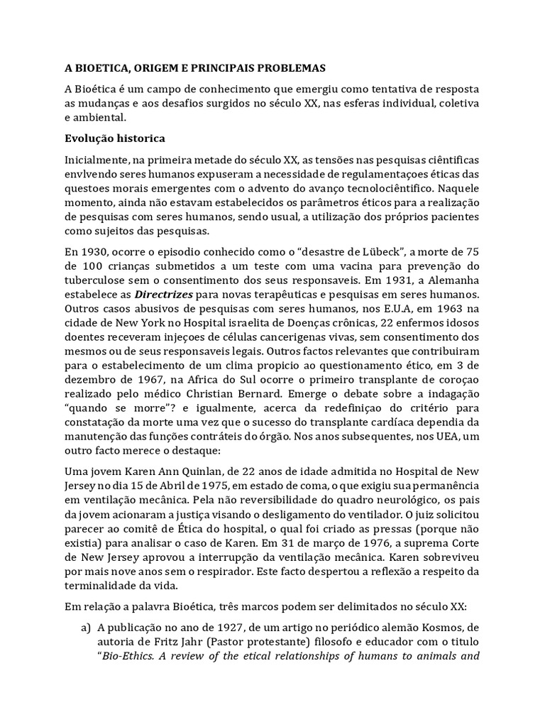 BIOETICA Origem e Principais Problemas | PDF